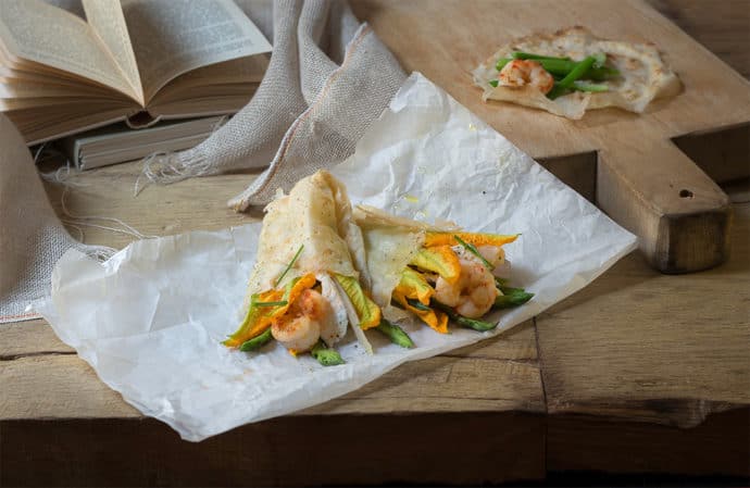 borlengo, ricetta con gamberi e fiori di zucca farciti | Sonia Paladini ...